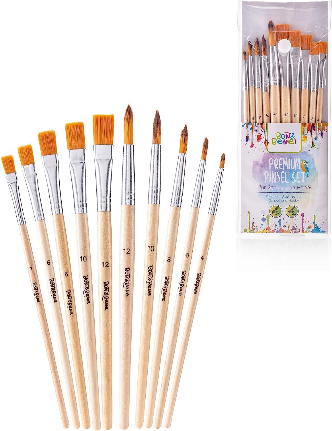 BON BENE Brush Set School and Artist Brushes For painting with watercolours acrylics oil paints Sizes 4 to 12 10 pieces